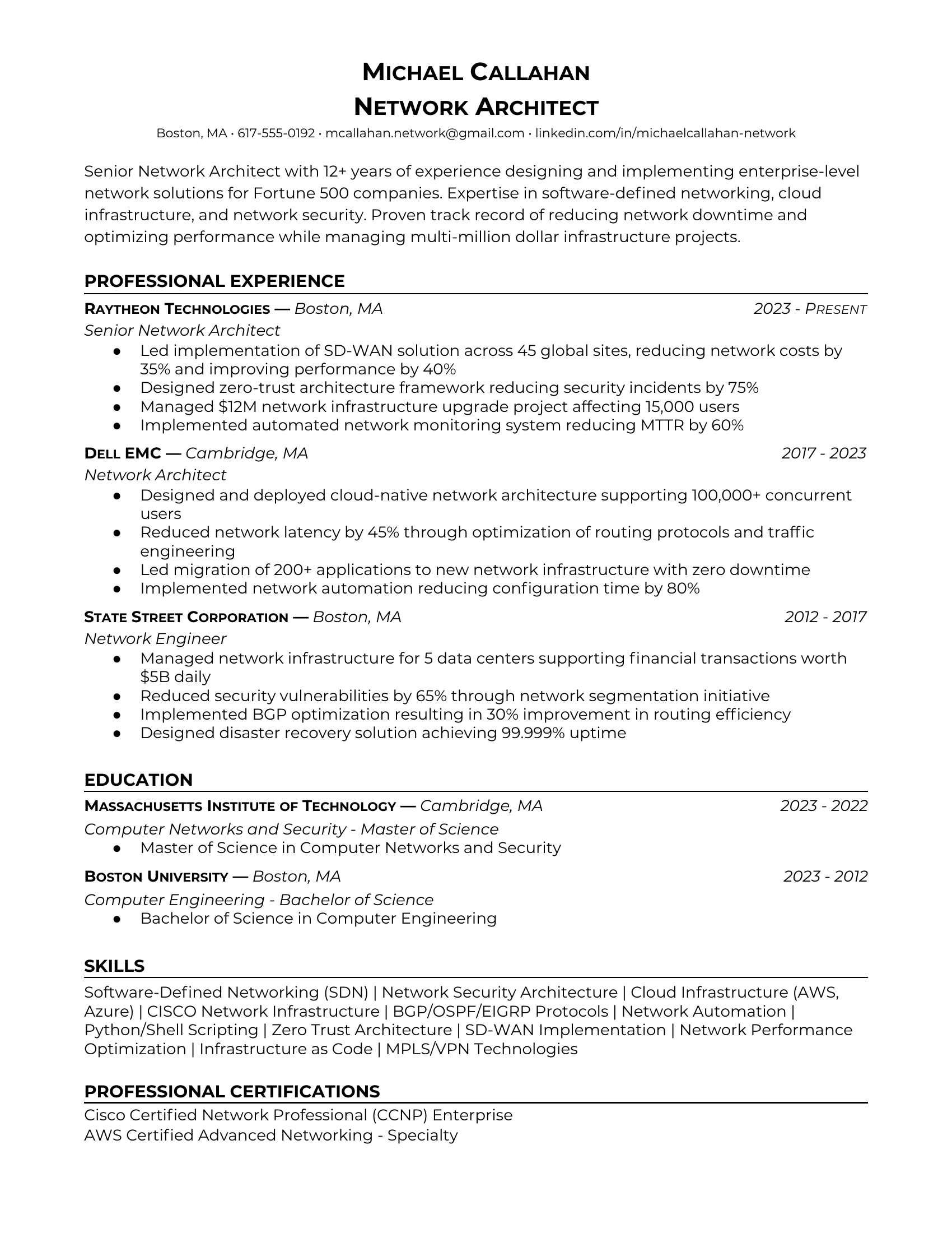 Network Architect in Engineering Resume Examples & Tips for 2025 | Careerday